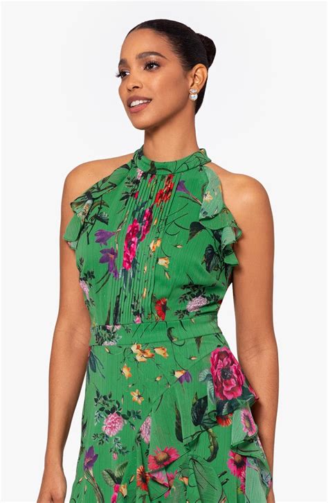 Betsy And Adam Floral Print Metallic Ruffle Chiffon Gown Nordstrom