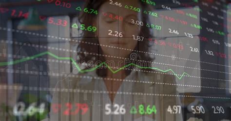 Animation Of Graphs Trading Board Over Caucasian Female Architect Analyzing 3d Model Of