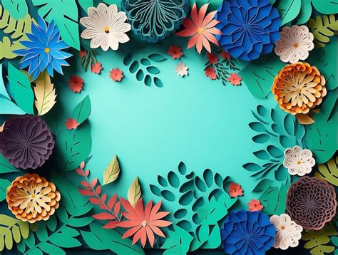 Premium Photo Colorful Paper Cut Flowers With Green Leaves On Blue