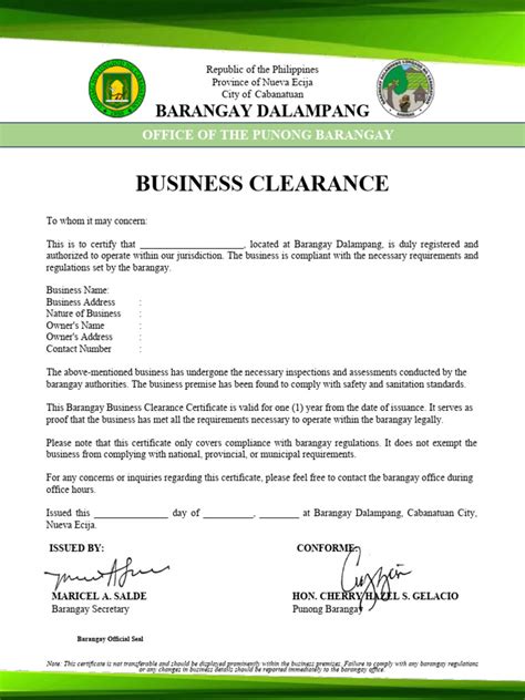 Brgy Business Clearance Format New Pdf