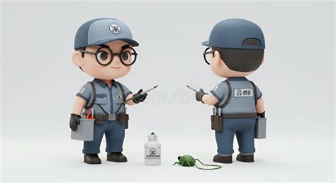Two Cute Chibi Style Technicians With Pest Control Equipment Isolated