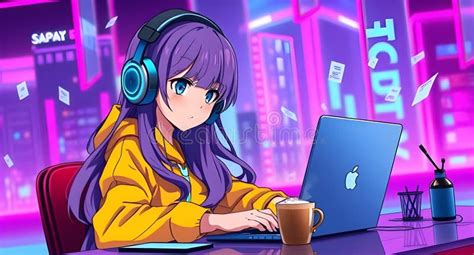 Cyberpunk Hacker Anime Girl With An Edgy Haircuy Typing On A