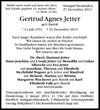 Traueranzeigen Von Gertrud Agnes Jetter Stuttgart Gedenkt De