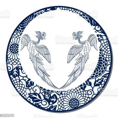 中國傳統藍白瓷鳳凰向量圖形及更多碟圖片 碟 花樣圖案 藍色 Istock
