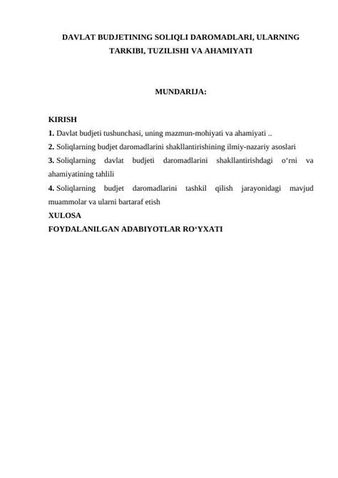 Davlat Budjetining Soliqli Daromadlari Ularning Tarkibi Tuzilishi Va