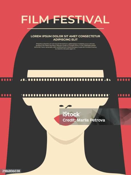 필름 스트립이 눈을 덮고 있는 여자 얼굴이 있는 영화제 포스터 복고풍 스타일의 영화 영화 시네마 개념 벡터 일러스트 레이 션 Film Festival에 대한 스톡 벡터 아트