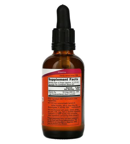 Жидкий Витамин Д 3, 10 мкг (400 МЕ), 59 мл, Liquid Vitamin D3 NOW ...
