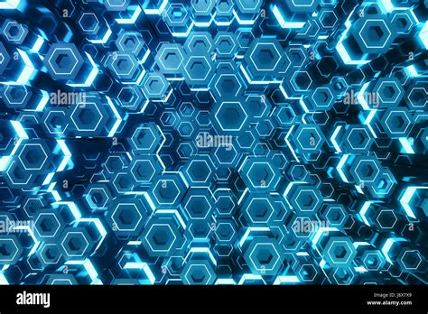 Abstract Blue Of Futuristic Surface Hexagon Pattern Hexagonal Honeycomb With Light Rays 3d