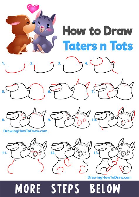 How To Draw A Cute Kawaii Chibi Dog And Cat Kissing Taters N Tots Easy