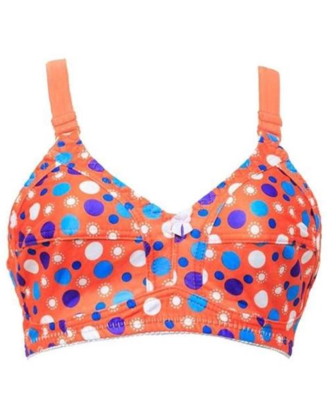 Plus Size Polka Dotted Cotton Bra Non Padded Non Wired Orange