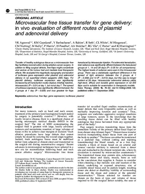 Pdf Microvascular Free Tissue Transfer For Gene Delivery In Vivo Evaluation Of Different