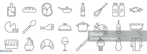 미식 라인 아이콘 선형 집합입니다 슈트 아이스크림 와인 잔 요리사 모자 와인 병 햄 다리 생선 탄산음료 빵 과 같은 품질 벡터 라인 세트 0명에 대한 스톡 벡터 아트 및