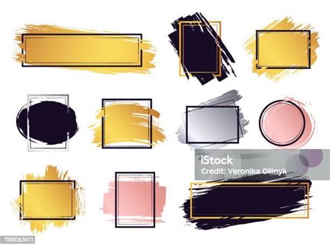 글래머 잉크 브러쉬 프레임 골드 프레임 요소 텍스트용 상업용 상자 잉크 브러시 스트로크 테두리 현대적인 프레임 디자인 벡터 격리 세트 잉크 얼룩이 있는 정사각형 원형 및
