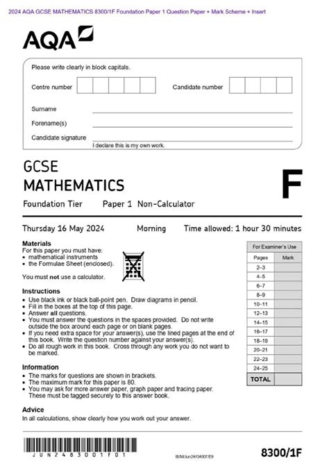 2024 Aqa Gcse Mathematics 8300 1f Foundation Paper 1 Question Paper
