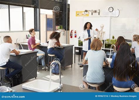 Teacher Addressing Pupils In A High School Science Lesson Royalty Free
