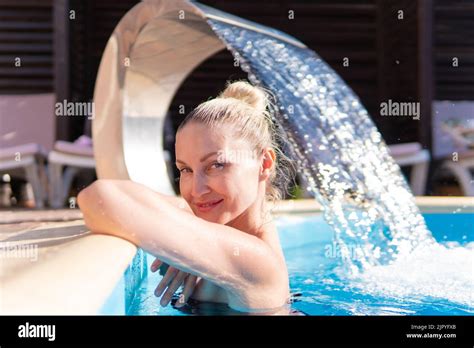 Smiling Swimming Young Pool Woman Waterfall Beautiful Luxury Outdoor