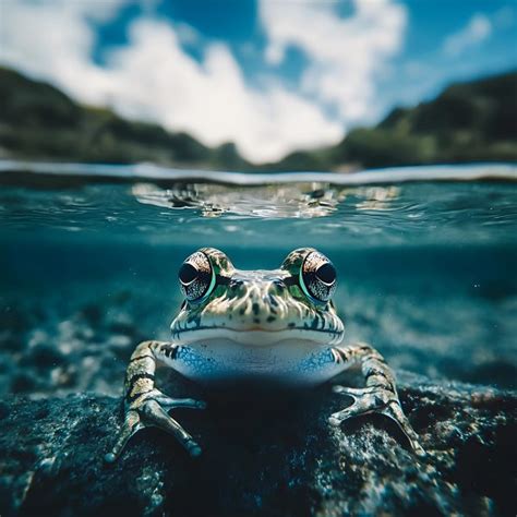 A Curious Frog Peering Up From Beneath The Surface Of The Water
