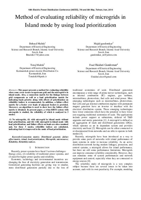 Pdf Method Of Evaluating Reliability Of Microgrids In Island Mode By