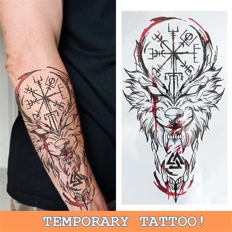 Vegvisir Viking Compass Valknut And Wolf Temporary Tattoo Norse Mythology Scandinavic