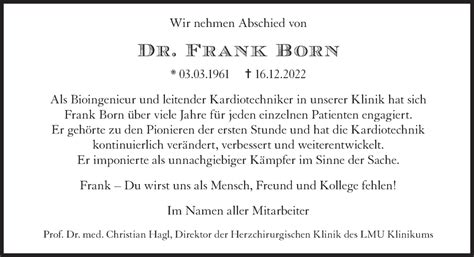 Traueranzeigen Von Frank Born Sz Gedenkende
