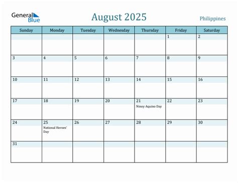 August 2025 Philippines Monthly Calendar With Holidays