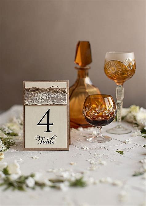Romantic Lace Brown And Ivory Wedding Table Numbers With Burlap Ribbon
