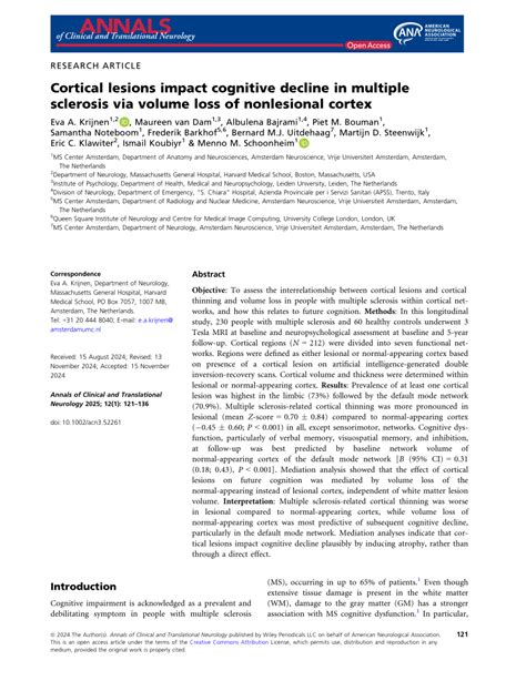 Pdf Cortical Lesions Impact Cognitive Decline In Multiple Sclerosis Via Volume Loss Of