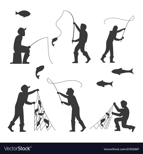 Fish And Fisherman Silhouettes Isolated On White Vector Image