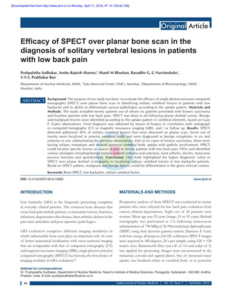 Pdf Efficacy Of Spect Over Planar Bone Scan In The Diagnosis Of