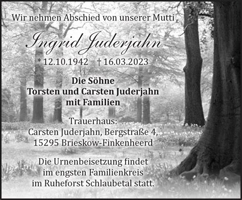 Traueranzeigen Von Ingrid Juderjahn Märkische Onlinezeitung Trauerportal