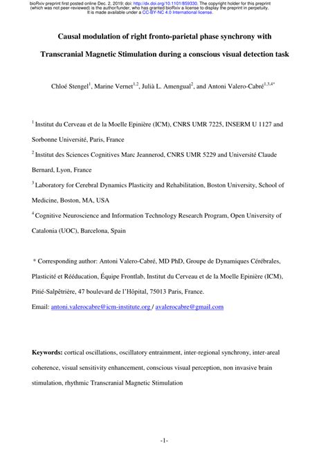 Pdf Causal Modulation Of Right Fronto Parietal Phase Synchrony With Transcranial Magnetic