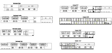 Two Floor Office Building Elevation And Section 2d View Cad