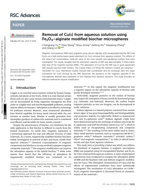 Pdf Removal Of Cu Ii From Aqueous Solution Using Fe 3 O 4 Alginate Modified Biochar
