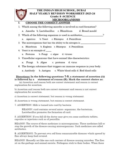 Worksheet On Microorganisms Grade 8 Cbse Pdf