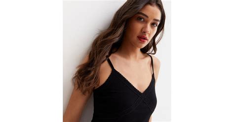Black Ribbed Lace Trim Cami New Look