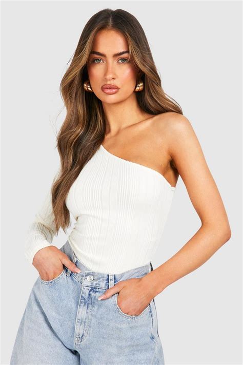 Rib One Shoulder Long Sleeve Bodysuit Boohoo Uk