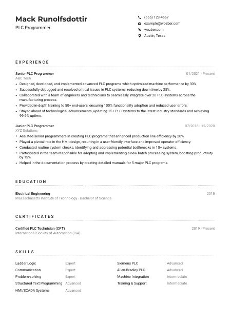 Plc Programmer Resume Example