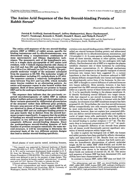 Pdf The Amino Acid Sequence Of The Sex Steroid Binding Protein Of