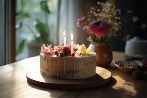 Premium Photo Birthday Cake With Lit Candles On Table Created Using
