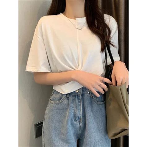 해외 소소한 마켓 특대 사이즈 300 캐티 뚱뚱한 Mm 독특한 틈새 디자인 노출 배꼽 짧은 캐주얼 느슨한 반팔 티셔츠 여성 여름