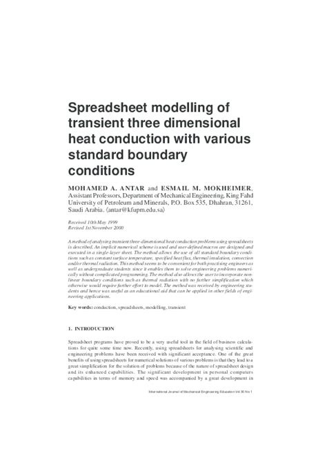 Pdf Spreadsheet Modelling Of Transient Three Dimensional Heat Conduction With Various Standard