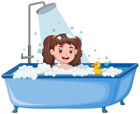 Niña Pequeña Tomando Un Baño En La Bañera Ilustración Vectorial
