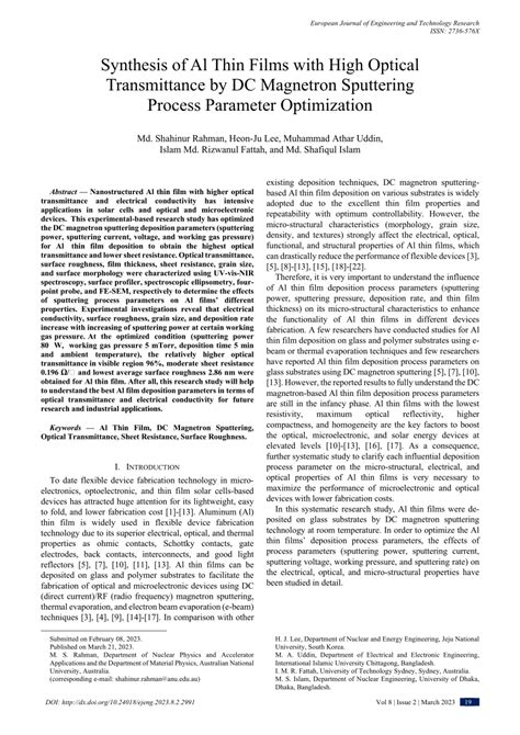 Pdf Synthesis Of Al Thin Films With High Optical Transmittance By Dc Magnetron