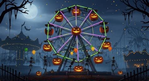 Spooky Halloween Ferris Wheel Night Scene With Jack O Lanterns And