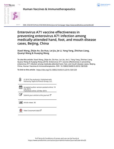 PDF Enterovirus A71 Vaccine Effectiveness In Preventing Enterovirus