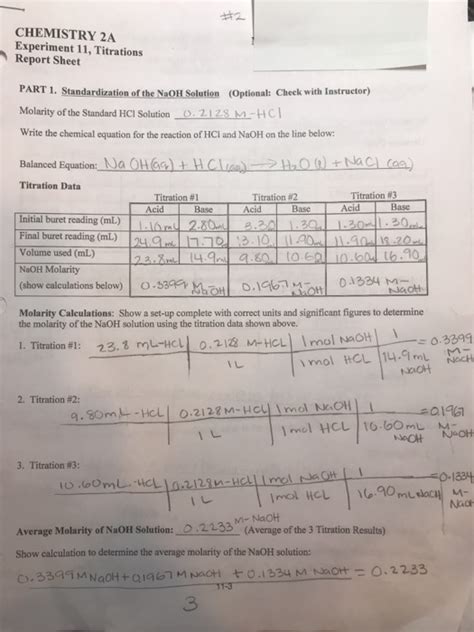 solved chemistry 2a experiment 11 titrations report shee