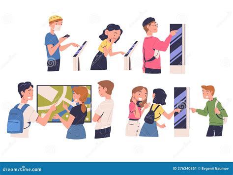 People Characters Using Information Board With Interactive Interface Vector Set Stock Vector