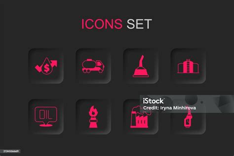 화재 유조 트럭 가격 인상 및 가스 산업 공장 탱크 저장 가솔린 펌프 노즐 모터 기계 오일 용 캐니스터 및 단어 아이콘으로 석유 굴착 장치를 설정합니다 벡터 0명에 대한