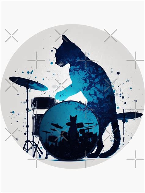 Cat Playing Dum Kit Cool Rock Band Feline Drumming Design Sticker