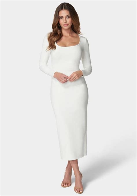 Rib Square Neck Long Sleeve Dress Bebe